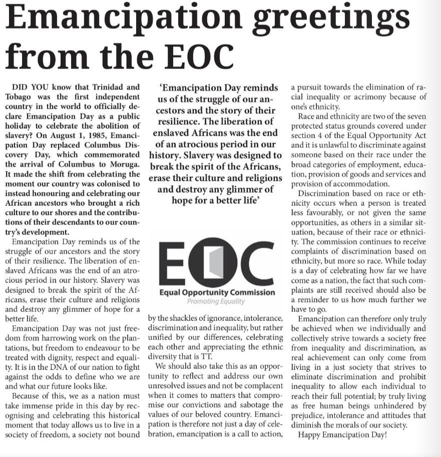 Emancipation greetings from the EOC | Equal Opportunity Commission