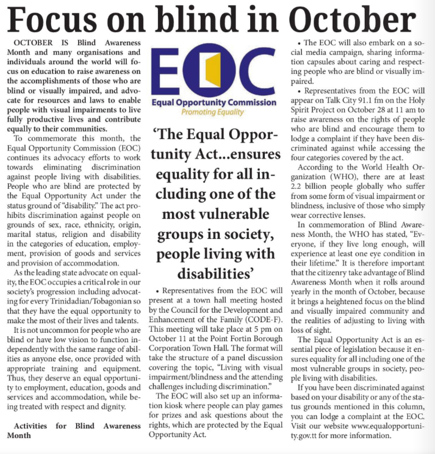 Focus on blind in October | Equal Opportunity Commission