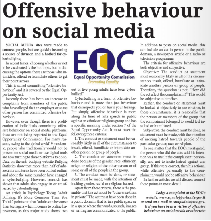 Offensive behaviour on social media | Equal Opportunity Commission