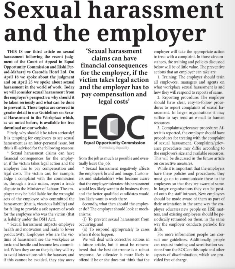 Sexual harassment and the employer | Equal Opportunity Commission