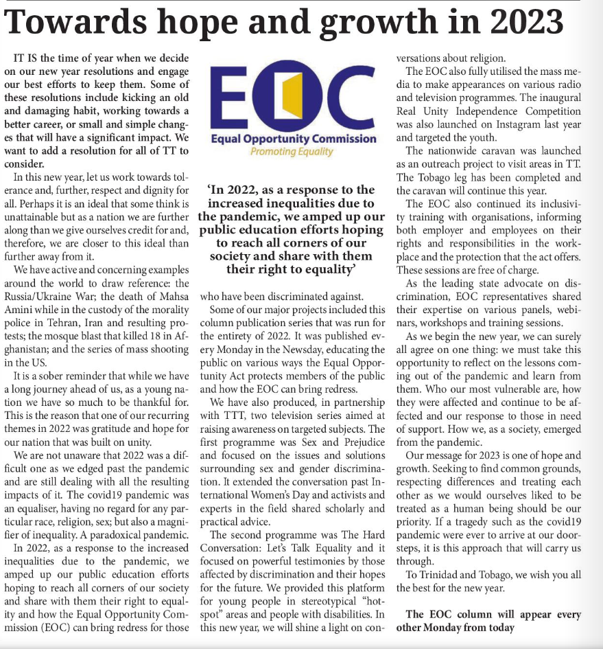Towards hope and growth in 2023 | Equal Opportunity Commission